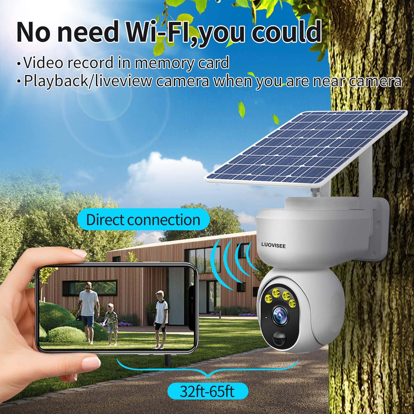 Luovisee Wireless Solar Outdoor Home Security WiFi Camera PTZ Full Color Night Vision with Audio,PIR Motion Detection Alarm,64G SD Card, Rechargeable Battery,IP65 Weather Proof,Siren,360 View