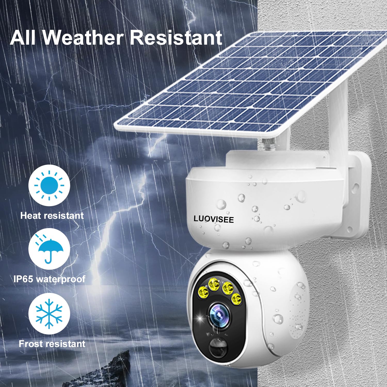 Luovisee Wireless Solar Outdoor Home Security WiFi Camera PTZ Full Color Night Vision with Audio,PIR Motion Detection Alarm,64G SD Card, Rechargeable Battery,IP65 Weather Proof,Siren,360 View