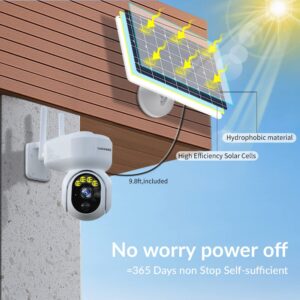 Luovisee Wireless Solar Outdoor Home Security WiFi Camera PTZ Full Color Night Vision with Audio,PIR Motion Detection Alarm,64G SD Card, Rechargeable Battery,IP65 Weather Proof,Siren,360 View