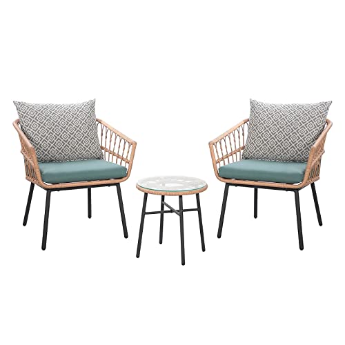 Super Patio 3 Piece Patio Set, Outdoor Furniture Wicker Bistro Set Rattan Chair Conversation Sets with Coffee Table and Cushions, Turquoise/Gray