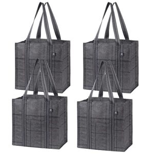 veno 4 pack reusable grocery shopping bag w/hard bottom, foldable, multi-purpose heavy-duty tote, daily utility bag, stands upright, sustainable (set of 4 - windowpane)