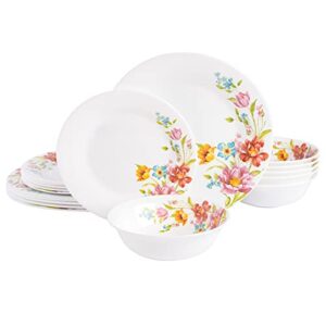 gibson home ultra break and chip resistant dinnerware set, round: service for 6 (18pcs), red floral