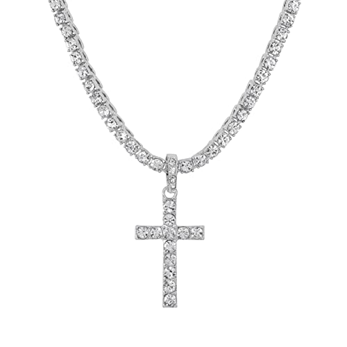 Iced Out Cross Pendant on Tennis Chain for Men or Women - Bling'ed Out Hip Hop Jewelry on Blast! - Gold or Silver and Size Your Choice - TN001 Cross (16" Silver)