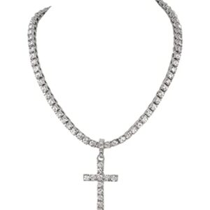 Iced Out Cross Pendant on Tennis Chain for Men or Women - Bling'ed Out Hip Hop Jewelry on Blast! - Gold or Silver and Size Your Choice - TN001 Cross (16" Silver)