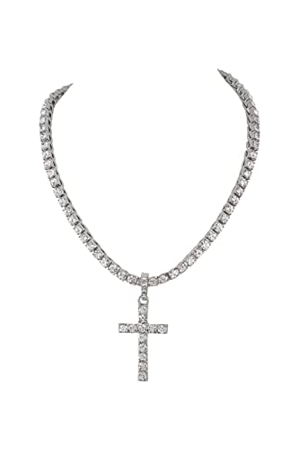 Iced Out Cross Pendant on Tennis Chain for Men or Women - Bling'ed Out Hip Hop Jewelry on Blast! - Gold or Silver and Size Your Choice - TN001 Cross (16" Silver)