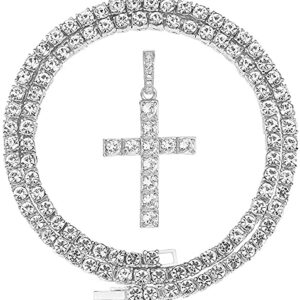 Iced Out Cross Pendant on Tennis Chain for Men or Women - Bling'ed Out Hip Hop Jewelry on Blast! - Gold or Silver and Size Your Choice - TN001 Cross (16" Silver)