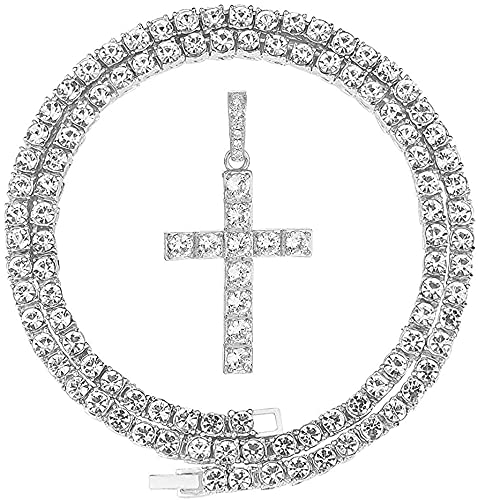 Iced Out Cross Pendant on Tennis Chain for Men or Women - Bling'ed Out Hip Hop Jewelry on Blast! - Gold or Silver and Size Your Choice - TN001 Cross (16" Silver)