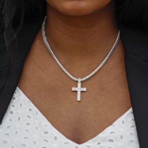 Iced Out Cross Pendant on Tennis Chain for Men or Women - Bling'ed Out Hip Hop Jewelry on Blast! - Gold or Silver and Size Your Choice - TN001 Cross (16" Silver)