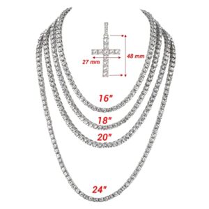 Iced Out Cross Pendant on Tennis Chain for Men or Women - Bling'ed Out Hip Hop Jewelry on Blast! - Gold or Silver and Size Your Choice - TN001 Cross (16" Silver)