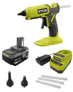 ryobi ryobi glue gun kit p307 one+ 18v cordless dual temperature with 4.0 ah lithium-ion battery + charger + bonus nozzles p307-kit