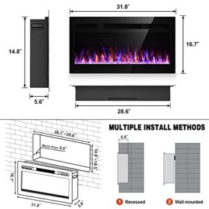 LITSDFM 31 Inch Electric Fireplace, Recessed and Wall Mounted Fireplace, Fireplace Heater and Linear Fireplace, with Timer, Remote Control, Adjustable Flame Color, 750/1500W, Black