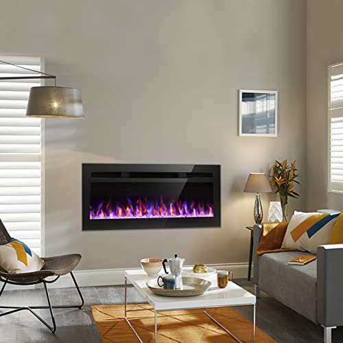 LITSDFM 31 Inch Electric Fireplace, Recessed and Wall Mounted Fireplace, Fireplace Heater and Linear Fireplace, with Timer, Remote Control, Adjustable Flame Color, 750/1500W, Black