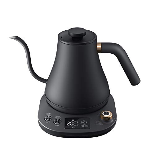 Gooseneck Kettle Temperature Control, Pour Over Electric Kettle for Coffee and Tea, 100% Stainless Steel Inner, 1200W Rapid Heating, 0.8L, Built-in Stopwatch, Matte Black