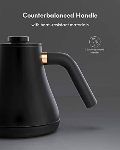 Gooseneck Kettle Temperature Control, Pour Over Electric Kettle for Coffee and Tea, 100% Stainless Steel Inner, 1200W Rapid Heating, 0.8L, Built-in Stopwatch, Matte Black