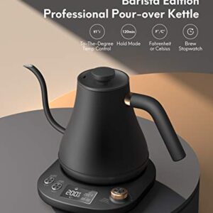 Gooseneck Kettle Temperature Control, Pour Over Electric Kettle for Coffee and Tea, 100% Stainless Steel Inner, 1200W Rapid Heating, 0.8L, Built-in Stopwatch, Matte Black