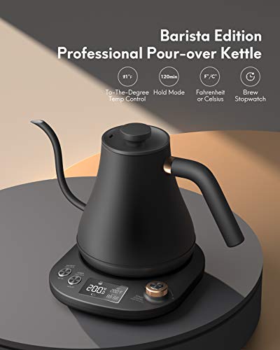 Gooseneck Kettle Temperature Control, Pour Over Electric Kettle for Coffee and Tea, 100% Stainless Steel Inner, 1200W Rapid Heating, 0.8L, Built-in Stopwatch, Matte Black