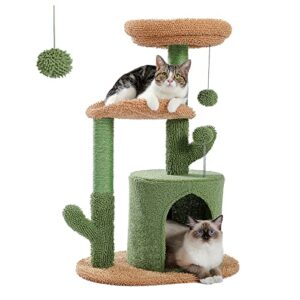 pawz road cat tree 32 inches cactus cat tower with sisal covered scratching post, cozy condo, plush perches and fluffy balls for indoor cats