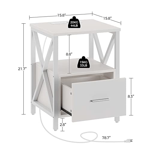 Rolanstar End Table with Wireless Charger, Sturdy Side Table with Charging Station and Drawer, 2 Tier Open Shelf and Large Storage, Bedside Table, Nightstand for Living Room, Bedroom