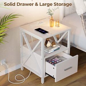 Rolanstar End Table with Wireless Charger, Sturdy Side Table with Charging Station and Drawer, 2 Tier Open Shelf and Large Storage, Bedside Table, Nightstand for Living Room, Bedroom