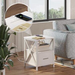 Rolanstar End Table with Wireless Charger, Sturdy Side Table with Charging Station and Drawer, 2 Tier Open Shelf and Large Storage, Bedside Table, Nightstand for Living Room, Bedroom