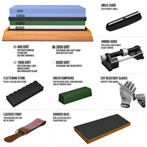 YeopAsda Knife Sharpening Stone Set - Premium 4 Side Grit 400/1000 3000/8000 Whetstone Sharpener Kit - Non-Slip Bamboo Base,Cut Resistant Gloves, Angle Guide,Flatting Stone,Honing Guide,Leather Strop