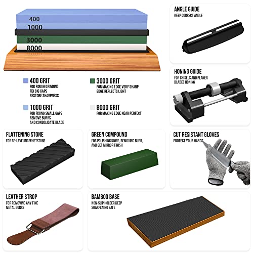 YeopAsda Knife Sharpening Stone Set - Premium 4 Side Grit 400/1000 3000/8000 Whetstone Sharpener Kit - Non-Slip Bamboo Base,Cut Resistant Gloves, Angle Guide,Flatting Stone,Honing Guide,Leather Strop