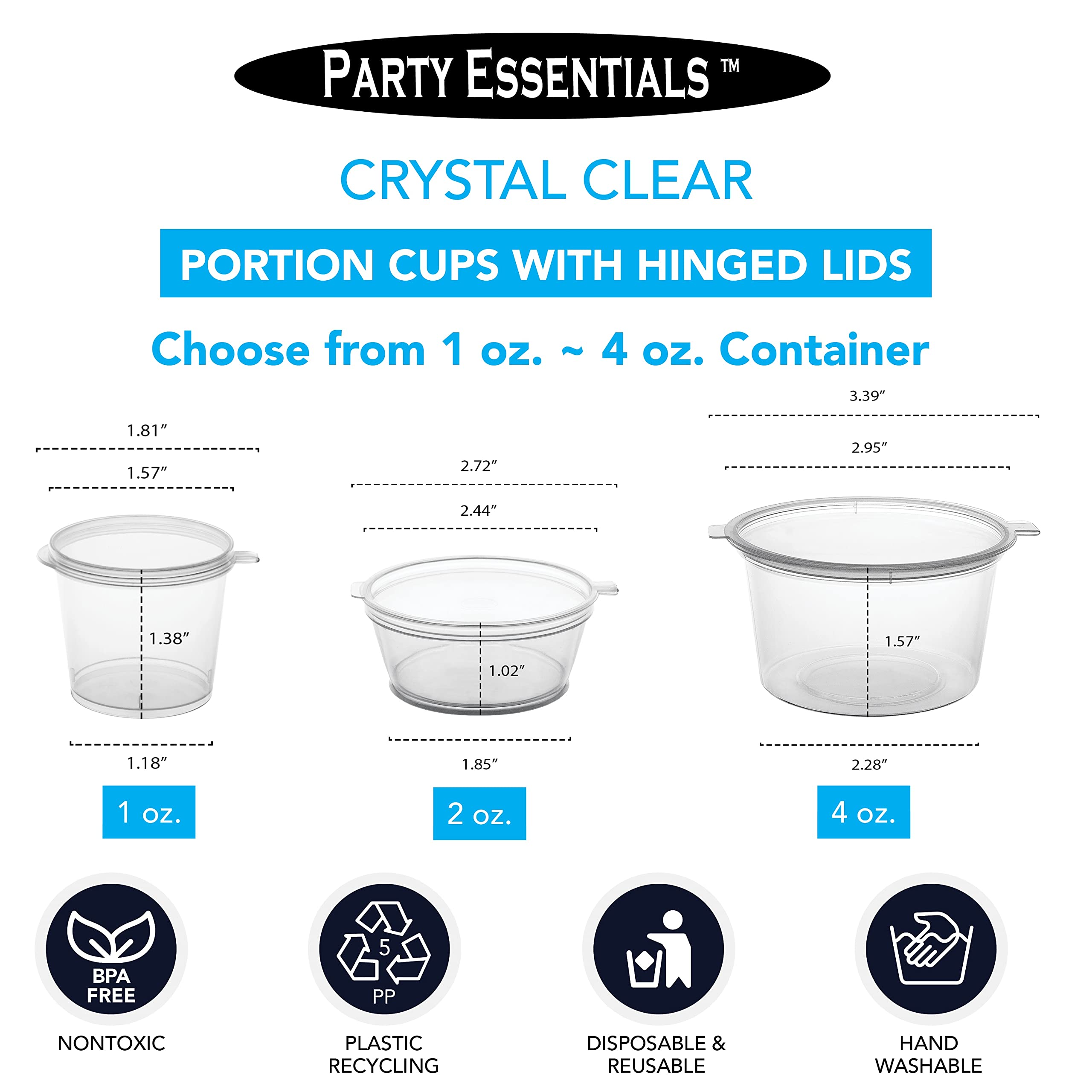 Party Essentials Leak Proof Plastic Condiment Souffle Containers with Attached Airtight Portion Cup with Hinged Lid for Sauces, Samples, Slime, Jello Shot, Storage, Craft, 100 Sets, 2 oz, Clear