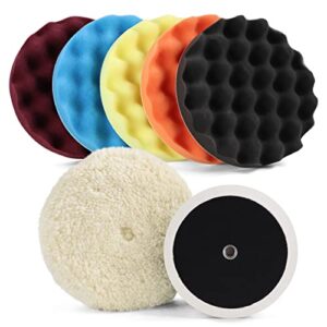 ABN 7 Piece Buffing and Polishing Exterior Detail Kit - Includes 6 8” Inch Pads; 5 Waffle Foam Pads, 1 Wool Grip Pad, and 5/8" Threaded Backing Plate for Waxing, Buffing, Polishing