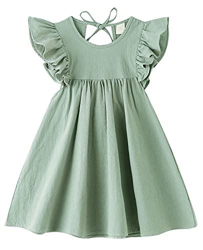 LYXIOF Toddler Baby Girl Cotton Linen Dress Ruffle Sleeve Halter Sleeveless Kids Casual Beach Dresses Green 110CM