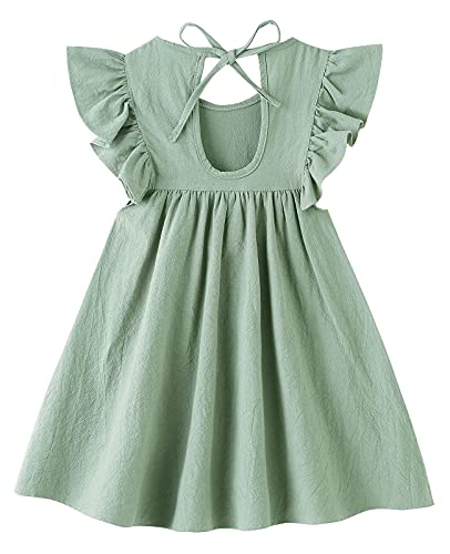 LYXIOF Toddler Baby Girl Cotton Linen Dress Ruffle Sleeve Halter Sleeveless Kids Casual Beach Dresses Green 110CM