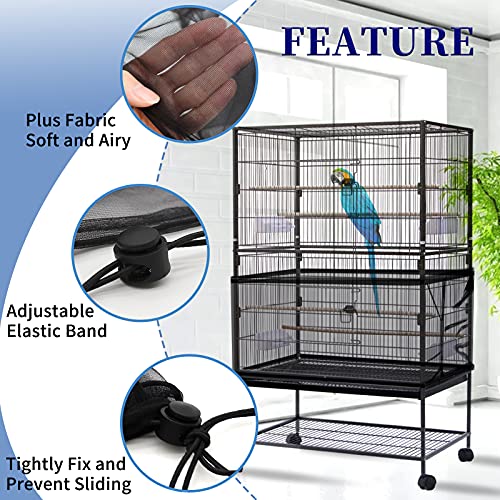 Daoeny Large Bird Cage Cover, Bird Cage Seed Catcher, Adjustable Soft Airy Nylon Mesh Net, Birdcage Cover Skirt Seed Guard for Parrot Parakeet Macaw African Round Square Cages (Black)