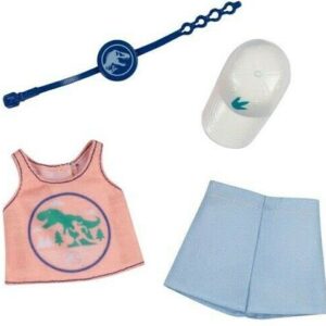 Barbie Doll Clothes Inspired by Jurassic World: Dominion, Complete Look with 2 Accessories, Pink Sleeveless Crop Top with Dinosaur Graphic & Blue Shorts, Fanny Pack & Hat, Gift for Kids 3 to 8 Years