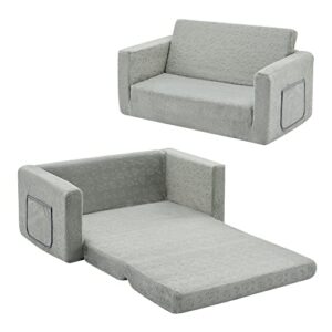 ulax furniture kids fold out couch 2-in-1 children convertible sofa to lounger with soft plush fabric grey