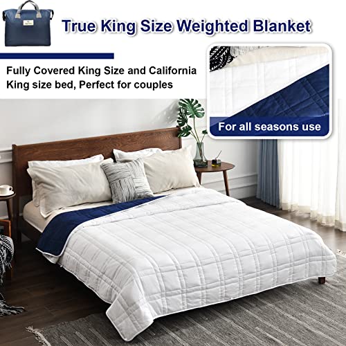 King Size Weighted Blanket 45lb(88''x104'', Navy Blue / White), Warm Short Plush and Cooling Tencel Reversible Weighted Blanket Fit King and California King Beds for Couple - Carry Bag Included