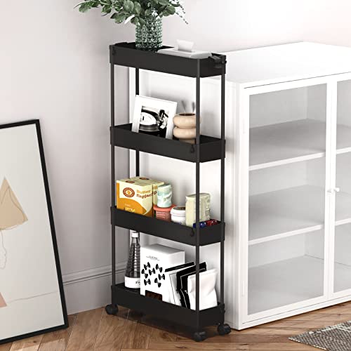 SPACELEAD Slim Storage Cart 4 Tier, Storage Organizer Rolling Utility/ Mobile Shelving Unit Slide Out Storage Cart for Office, Bathroom, Kitchen, Laundry Room & Narrow Places， Black