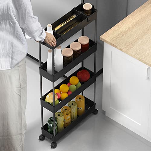 SPACELEAD Slim Storage Cart 4 Tier, Storage Organizer Rolling Utility/ Mobile Shelving Unit Slide Out Storage Cart for Office, Bathroom, Kitchen, Laundry Room & Narrow Places， Black