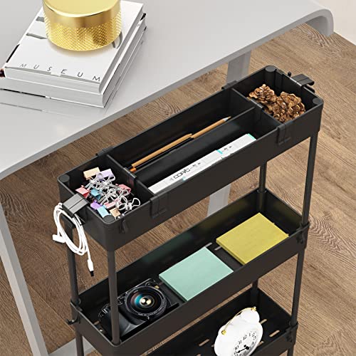 SPACELEAD Slim Storage Cart 4 Tier, Storage Organizer Rolling Utility/ Mobile Shelving Unit Slide Out Storage Cart for Office, Bathroom, Kitchen, Laundry Room & Narrow Places， Black