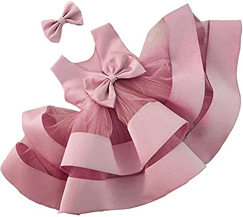 3M-6T Toddler Girl Bowknot Backless Tutu Gown Ruffle Lace Tulle Pageant Dress Baby Party Dresses with Headwear Dark Pink 80