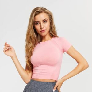 Workout Tops for Women Seamless Athletic Crop Tops Short Sleeve Cropped Tops Scoop Neck Basic Workout Shirts for Yoga,Pink