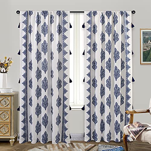 DriftAway Sadie Paisley Medallion Pattern Boho Velvet Room Darkening Unlined Window Curtains with Handmade Tassels for Bedroom Living Room Rod Pocket 2 Panels Each 50 Inch by 84 Inch Navy Blue