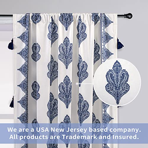 DriftAway Sadie Paisley Medallion Pattern Boho Velvet Room Darkening Unlined Window Curtains with Handmade Tassels for Bedroom Living Room Rod Pocket 2 Panels Each 50 Inch by 84 Inch Navy Blue