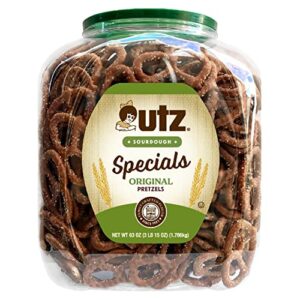 utz sourdough specials pretzels, original, 63 oz. barrel, classic pretzel knot with rich sourdough flavor, resealable container, tasty party snack with zero cholesterol