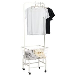 rolling laundry hamper basket cart with wire storage rack and hanging rack white