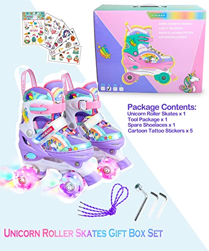 Rainbow Unicorn Kids Roller Skates for Girls Boys Toddler Ages 3-6,4-Pejiijar Adjustable Roller Shoes with Luminous Wheels for Birthday Xmas Gifts.