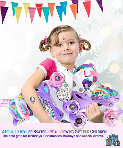 Rainbow Unicorn Kids Roller Skates for Girls Boys Toddler Ages 3-6,4-Pejiijar Adjustable Roller Shoes with Luminous Wheels for Birthday Xmas Gifts.