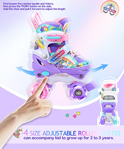 Rainbow Unicorn Kids Roller Skates for Girls Boys Toddler Ages 3-6,4-Pejiijar Adjustable Roller Shoes with Luminous Wheels for Birthday Xmas Gifts.