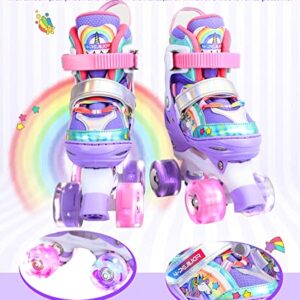 Rainbow Unicorn Kids Roller Skates for Girls Boys Toddler Ages 3-6,4-Pejiijar Adjustable Roller Shoes with Luminous Wheels for Birthday Xmas Gifts.