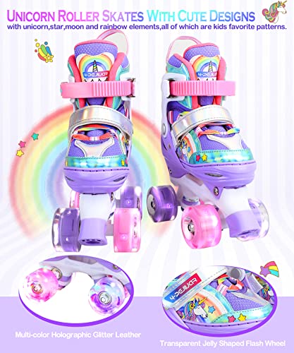 Rainbow Unicorn Kids Roller Skates for Girls Boys Toddler Ages 3-6,4-Pejiijar Adjustable Roller Shoes with Luminous Wheels for Birthday Xmas Gifts.