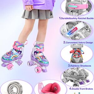 Rainbow Unicorn Kids Roller Skates for Girls Boys Toddler Ages 3-6,4-Pejiijar Adjustable Roller Shoes with Luminous Wheels for Birthday Xmas Gifts.