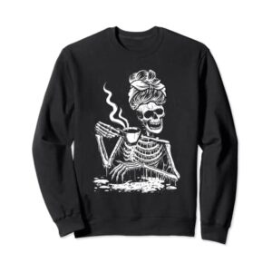 Coffee Drinking Skeleton Lazy DIY Halloween Costume Women Sweatshirt